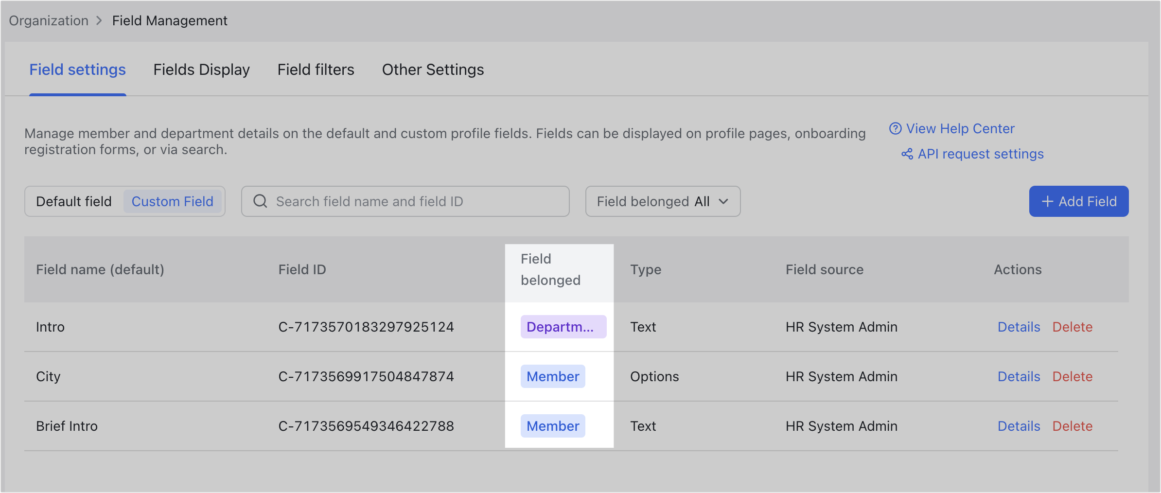 Admin | Manage fields in member information