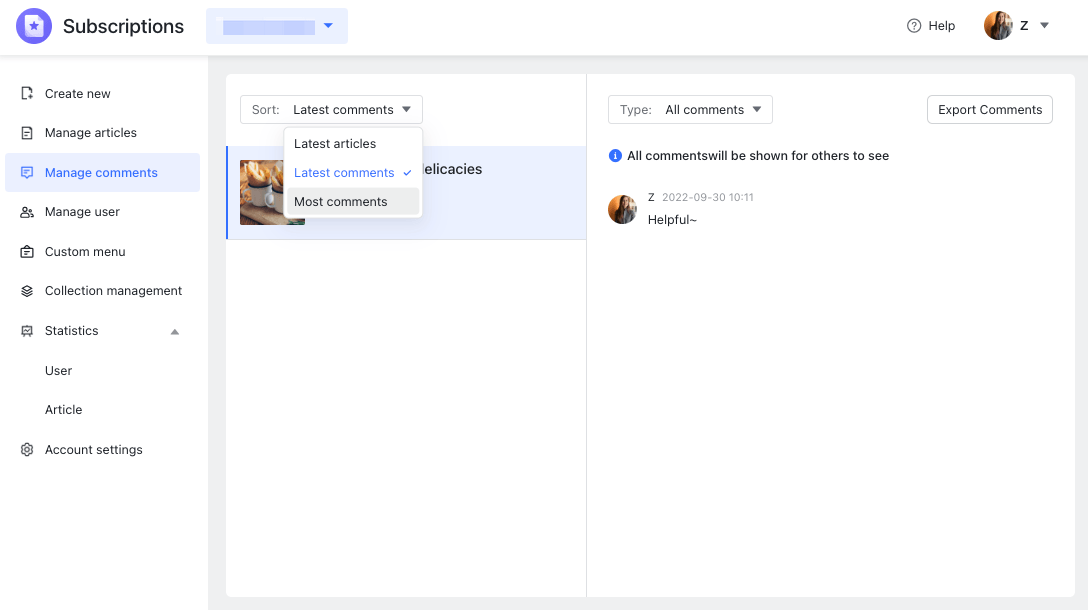 Manage Subscriptions user comments