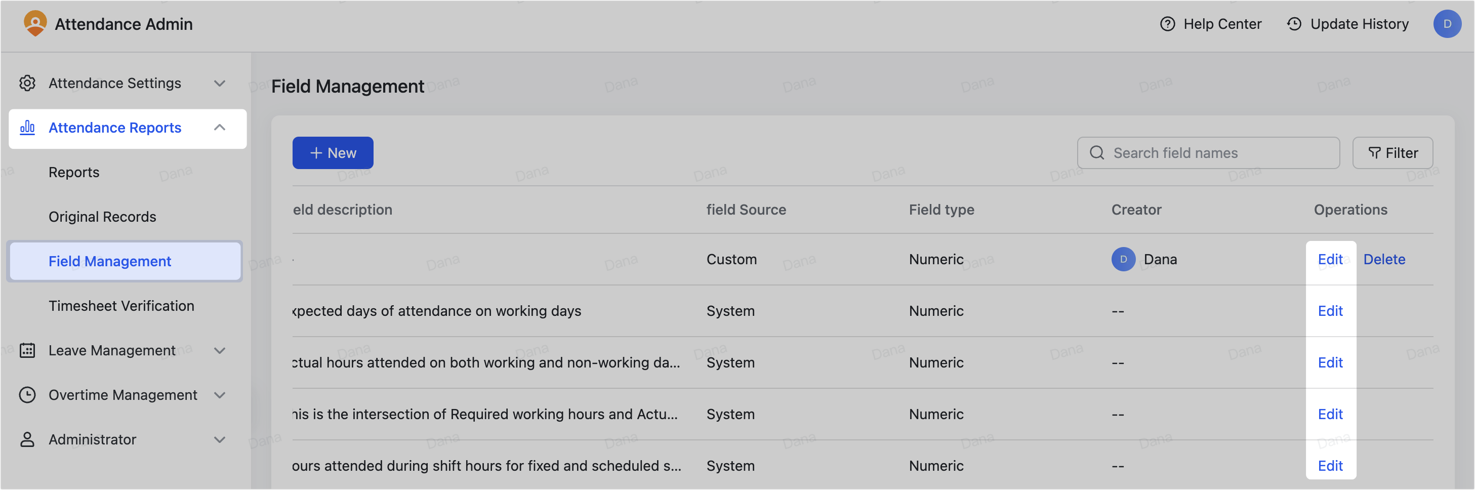 Admin | Manage fields for Attendance