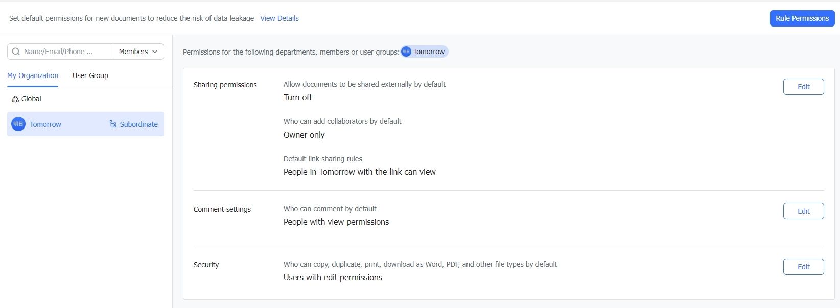 Configure default permissions for Docs