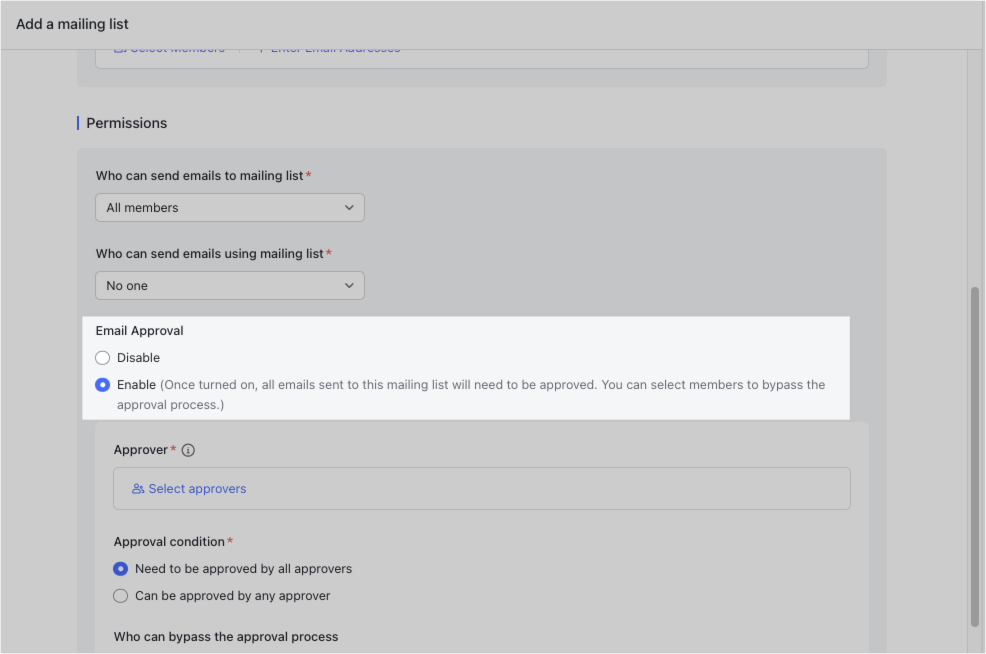 Admin | Enable email approval for mailing lists