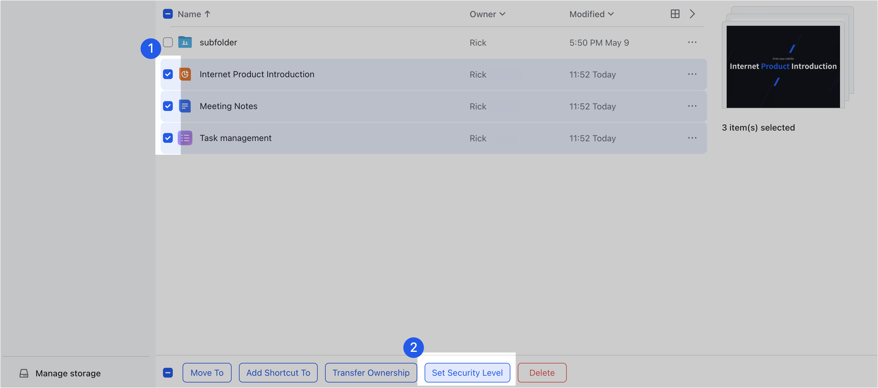 Set or adjust security levels for documents