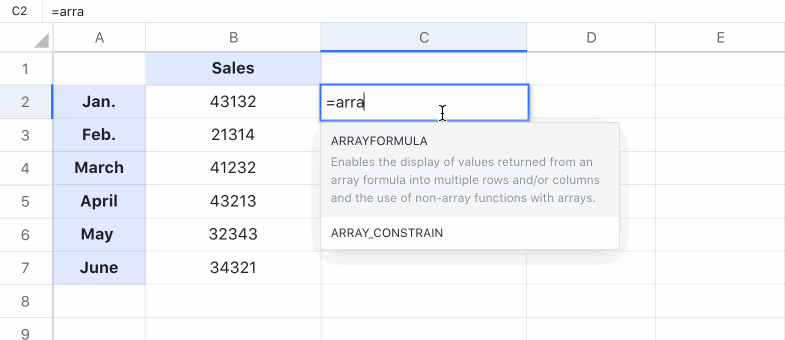 ARRAYFORMULA function for Sheets