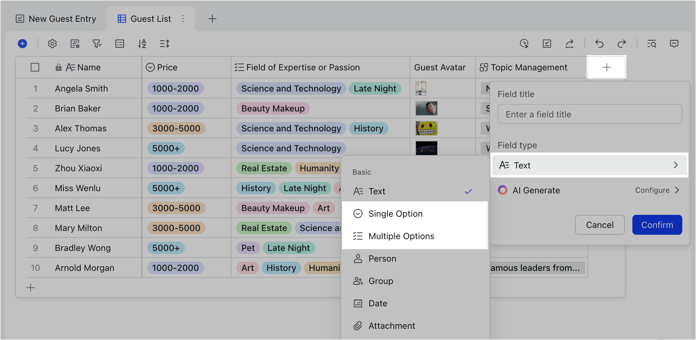 Use single and multiple option fields in Base