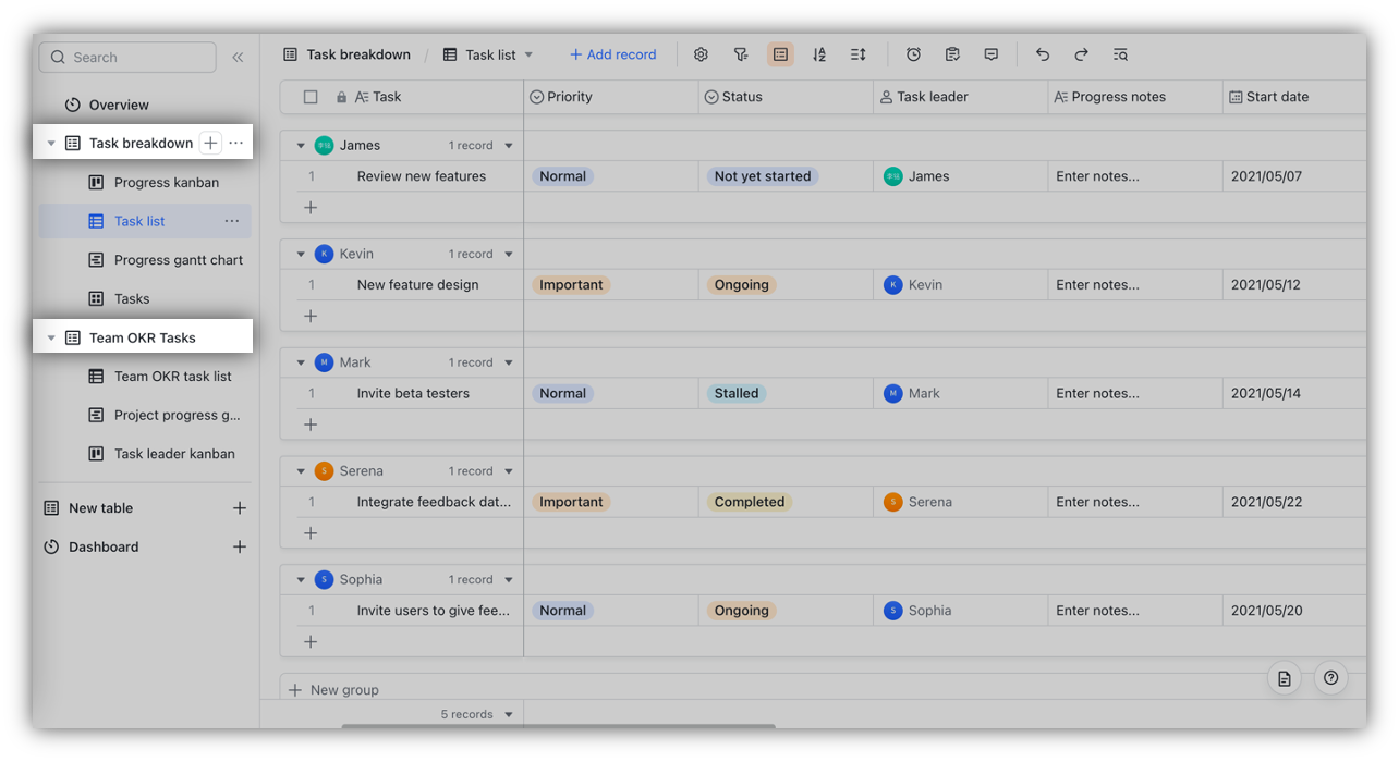 Use tables and views in Base