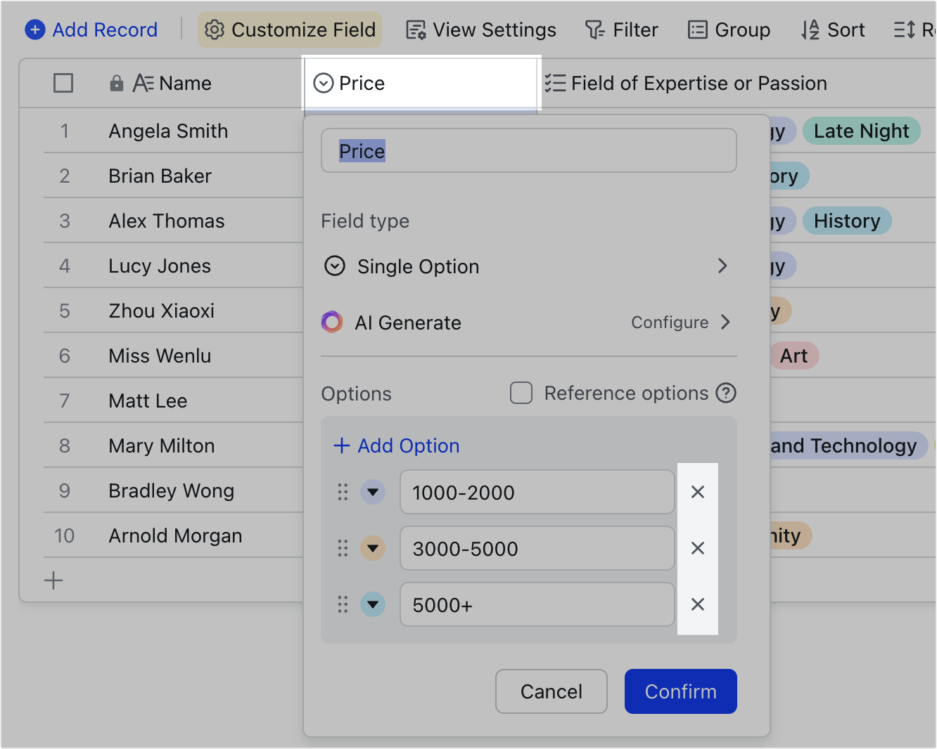 Use single and multiple option fields in Base