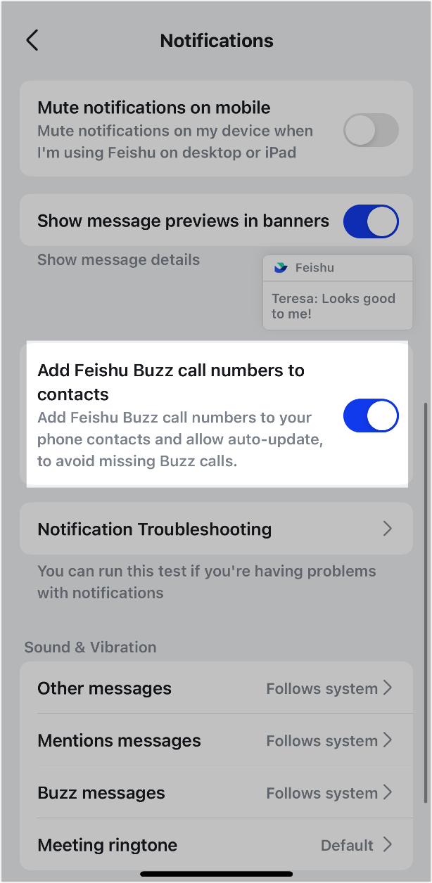 Add the Feishu Buzz number to your device's contacts list