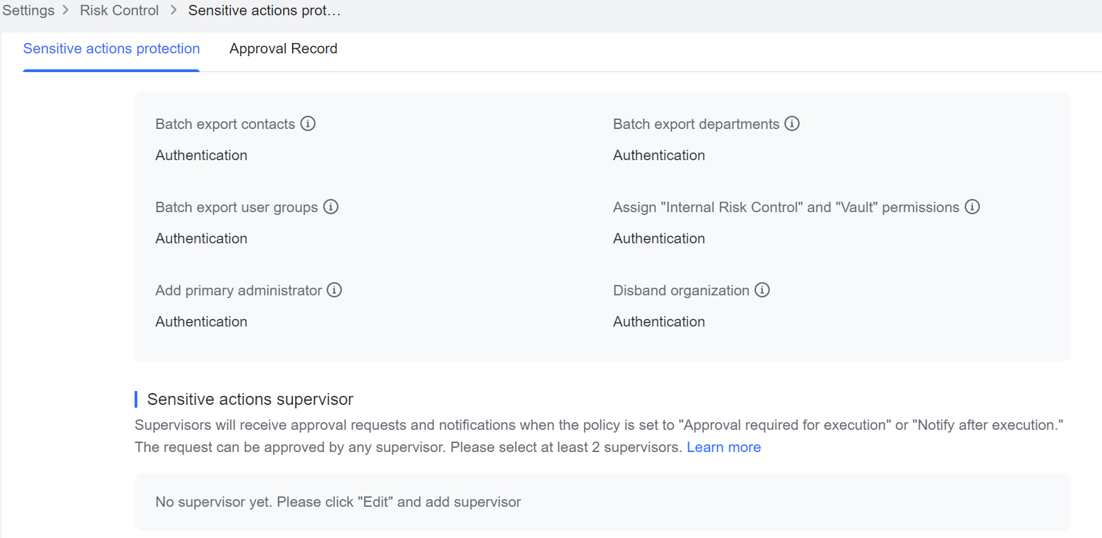 Admin | Set sensitive actions protection