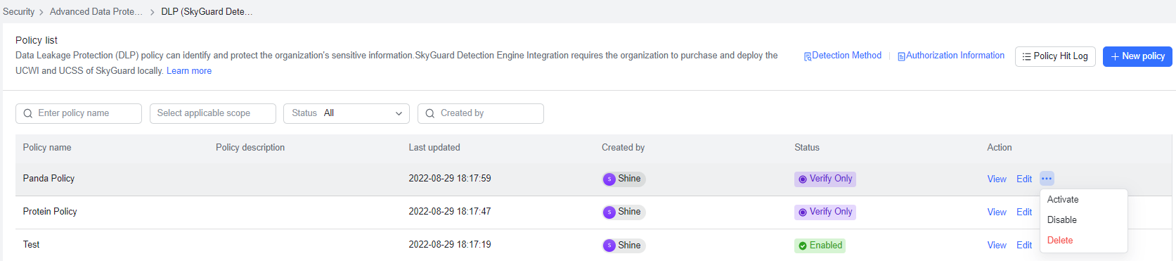 Admin | Use the DLP (SkyGuard Engine Integration)