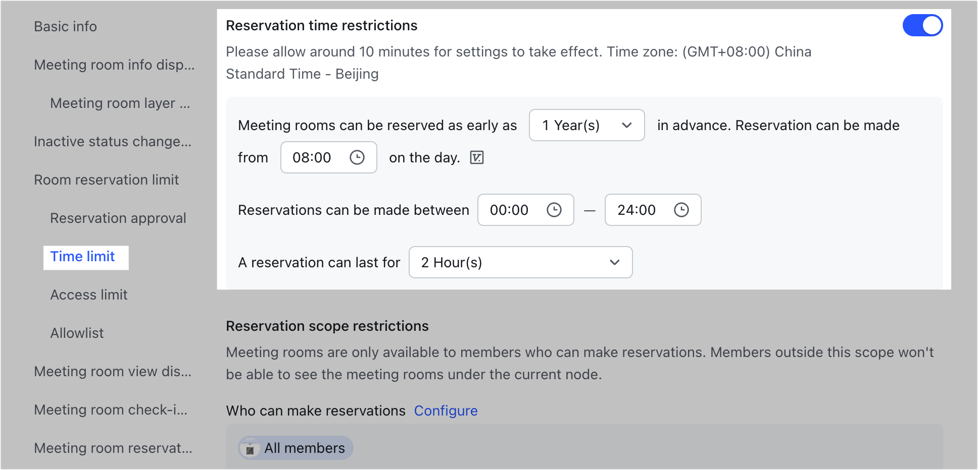 Admin | Configure reservation time restrictions