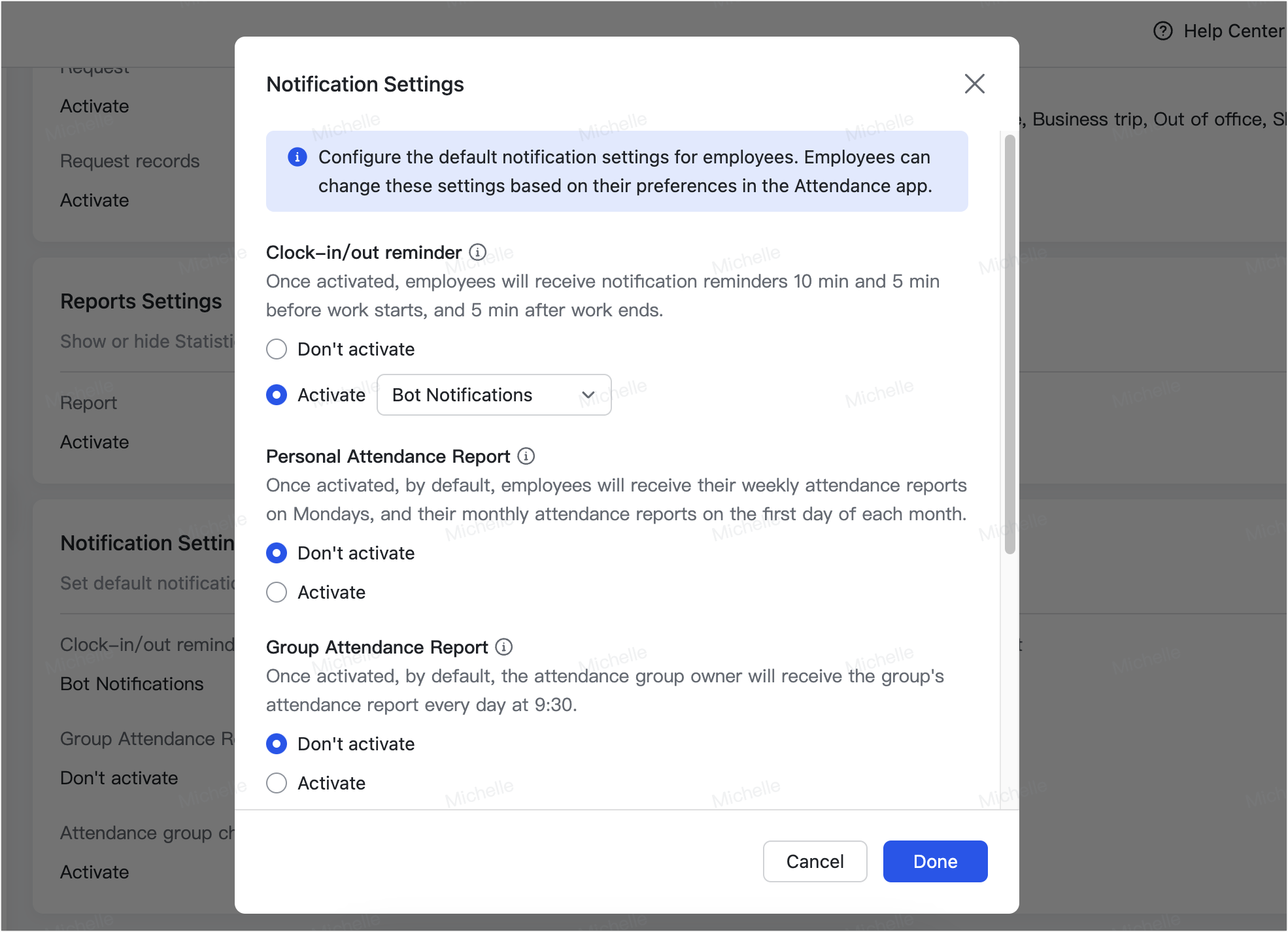 Admin | Set default Attendance notifications