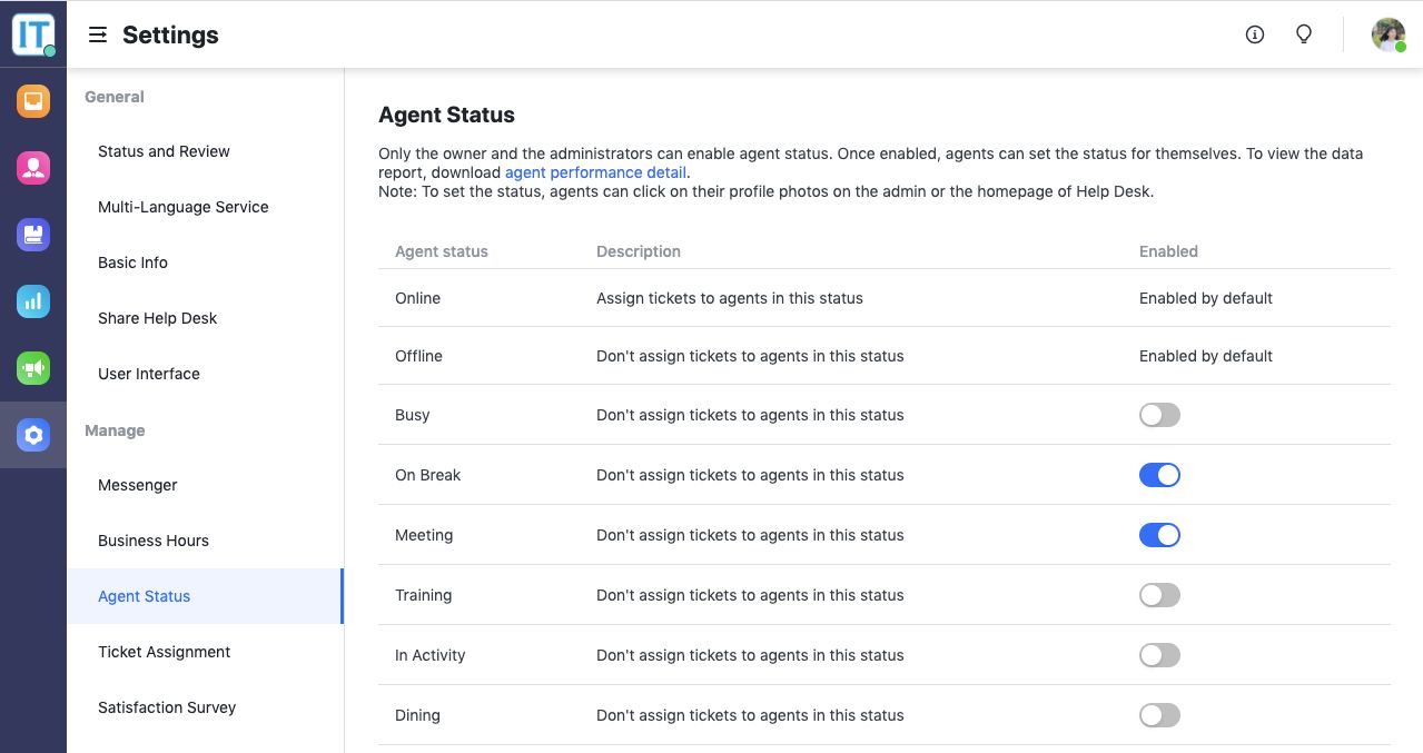 Manage agent status