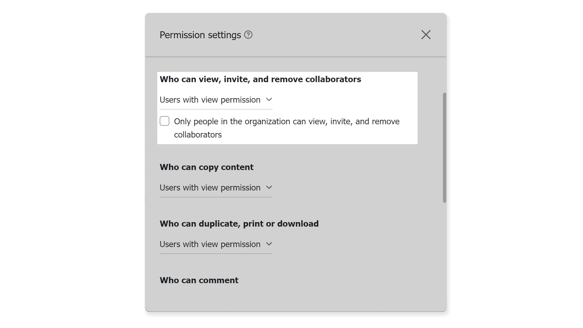 Set share, copy, download, and comment permissions for documents