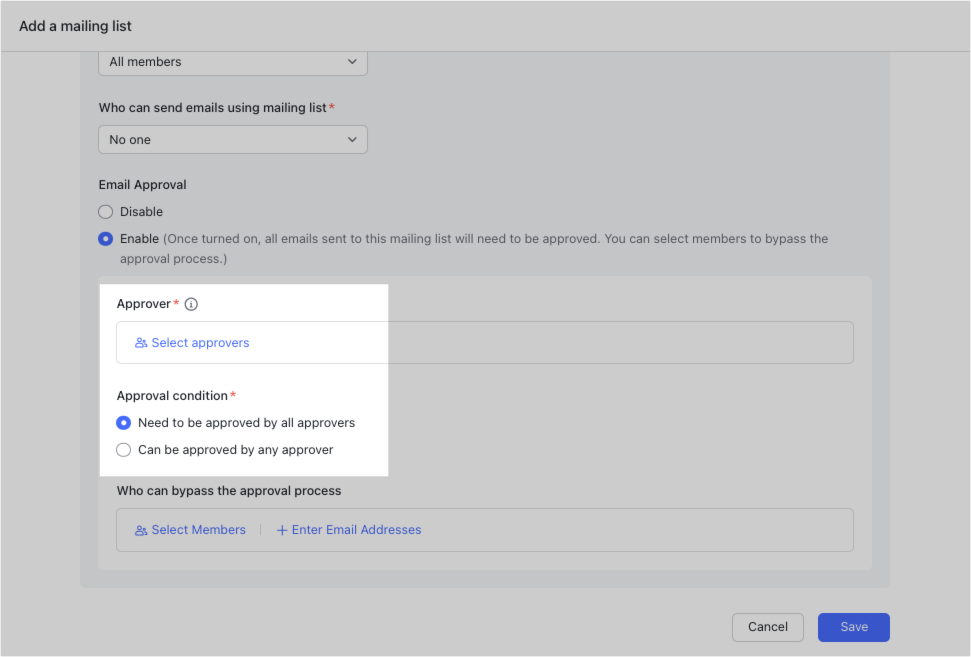 Admin | Enable email approval for mailing lists