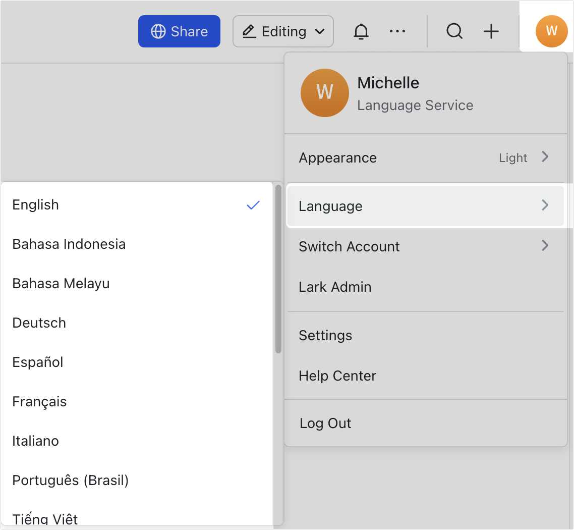 Modify preference settings in Feishu Docs