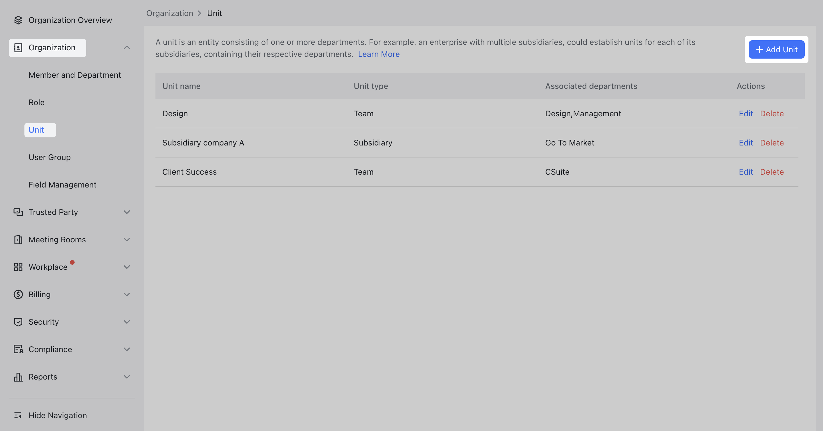 Admin | Create and manage units