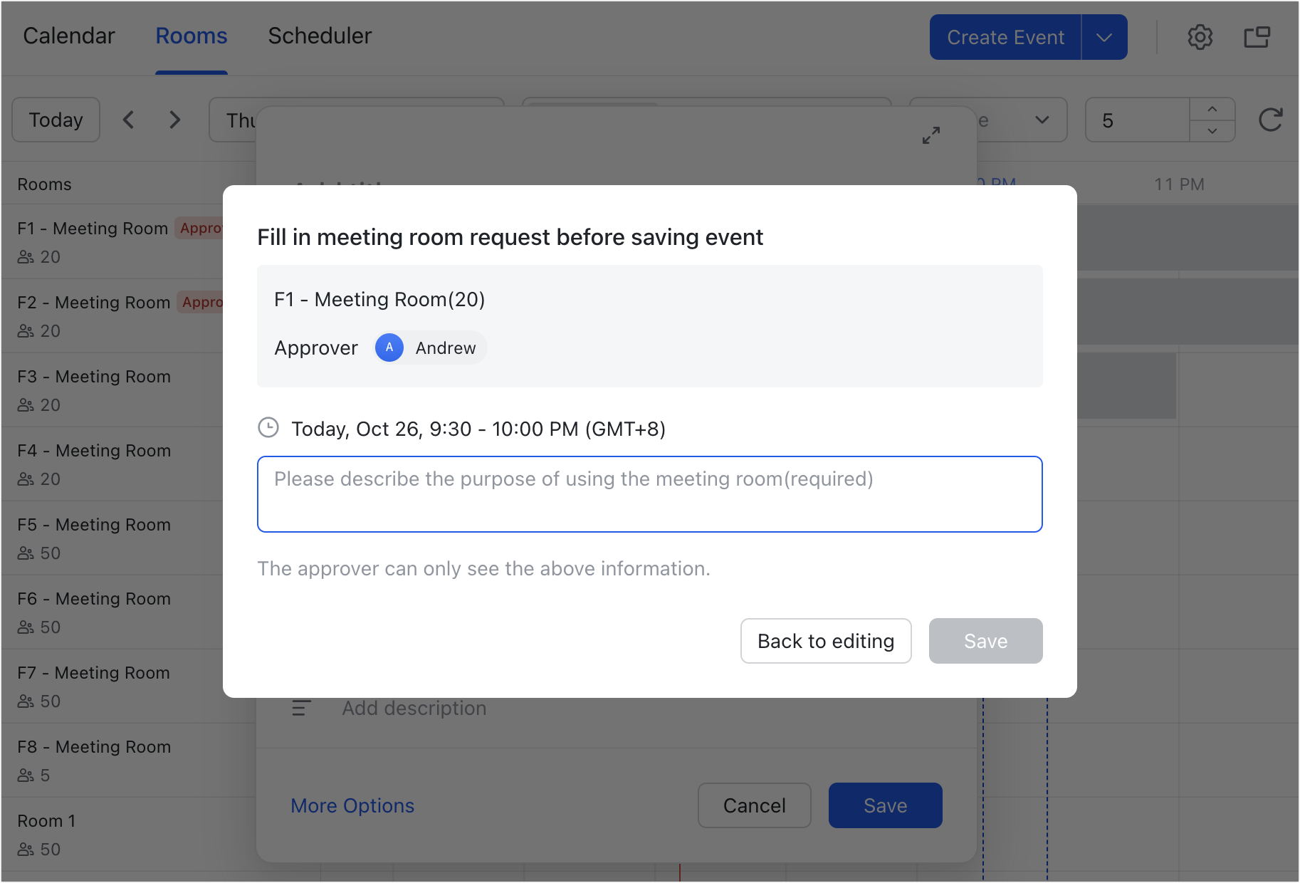 Reserve meeting rooms from Calendar