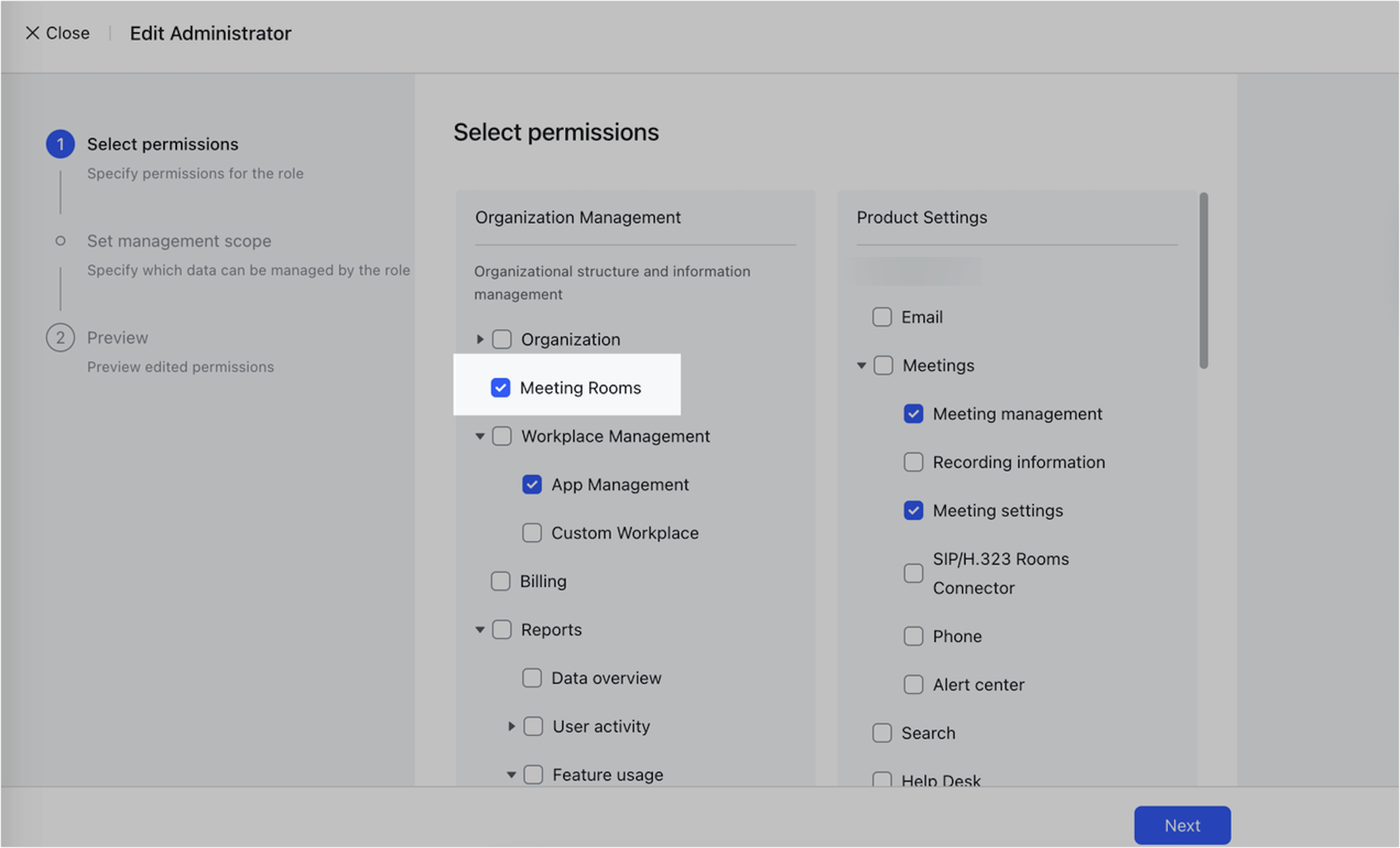 Admin | Set up meeting room management permissions