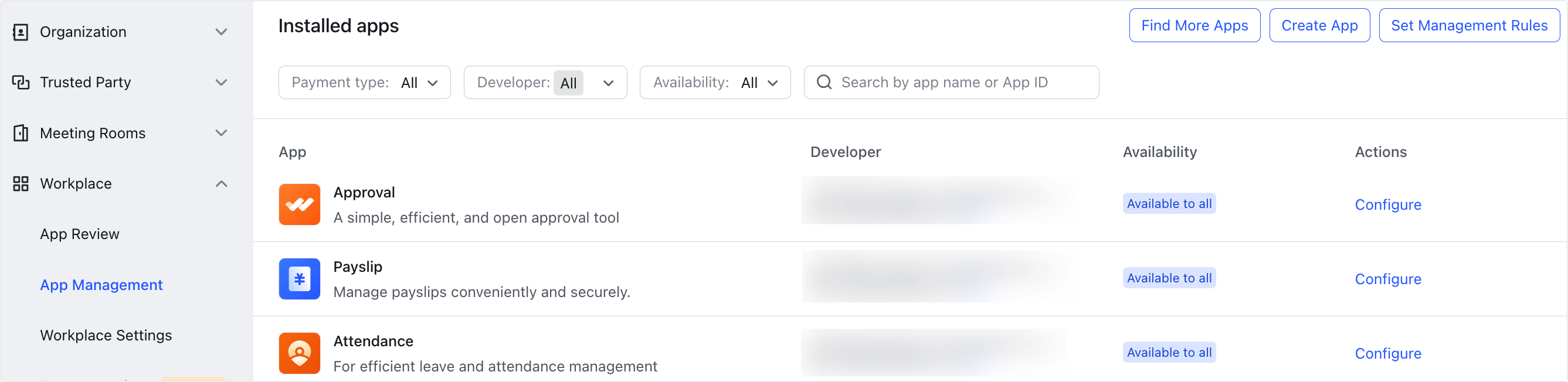 Admin | View and configure installed apps