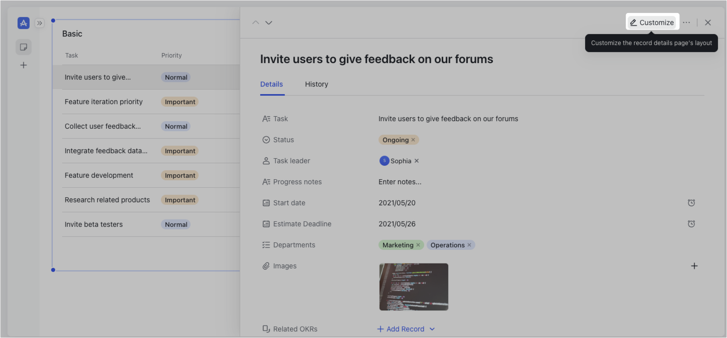 Customize record details pages
