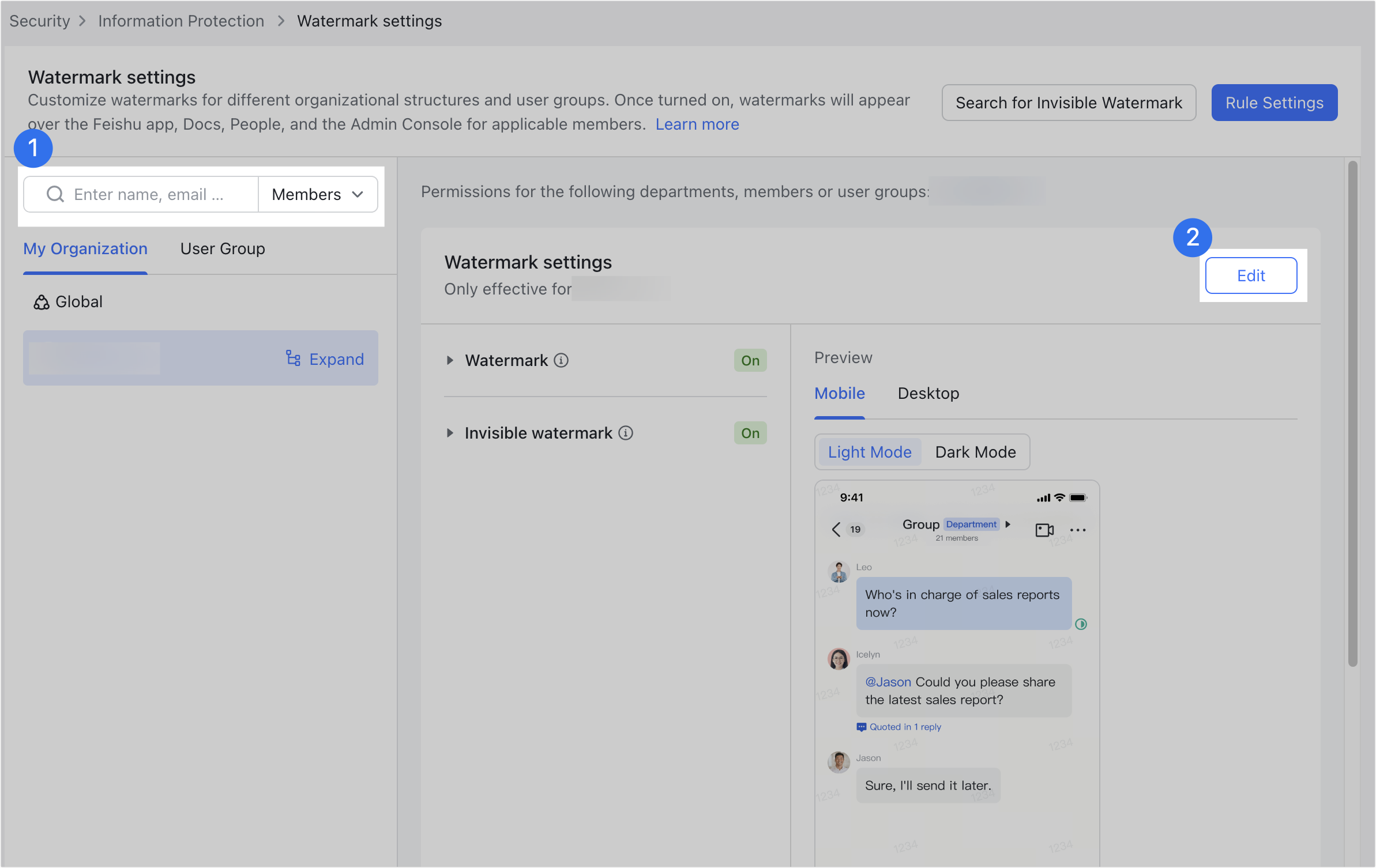 Admin | Set watermarks based on the organizational structure