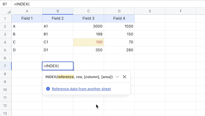 INDEX function for Sheets