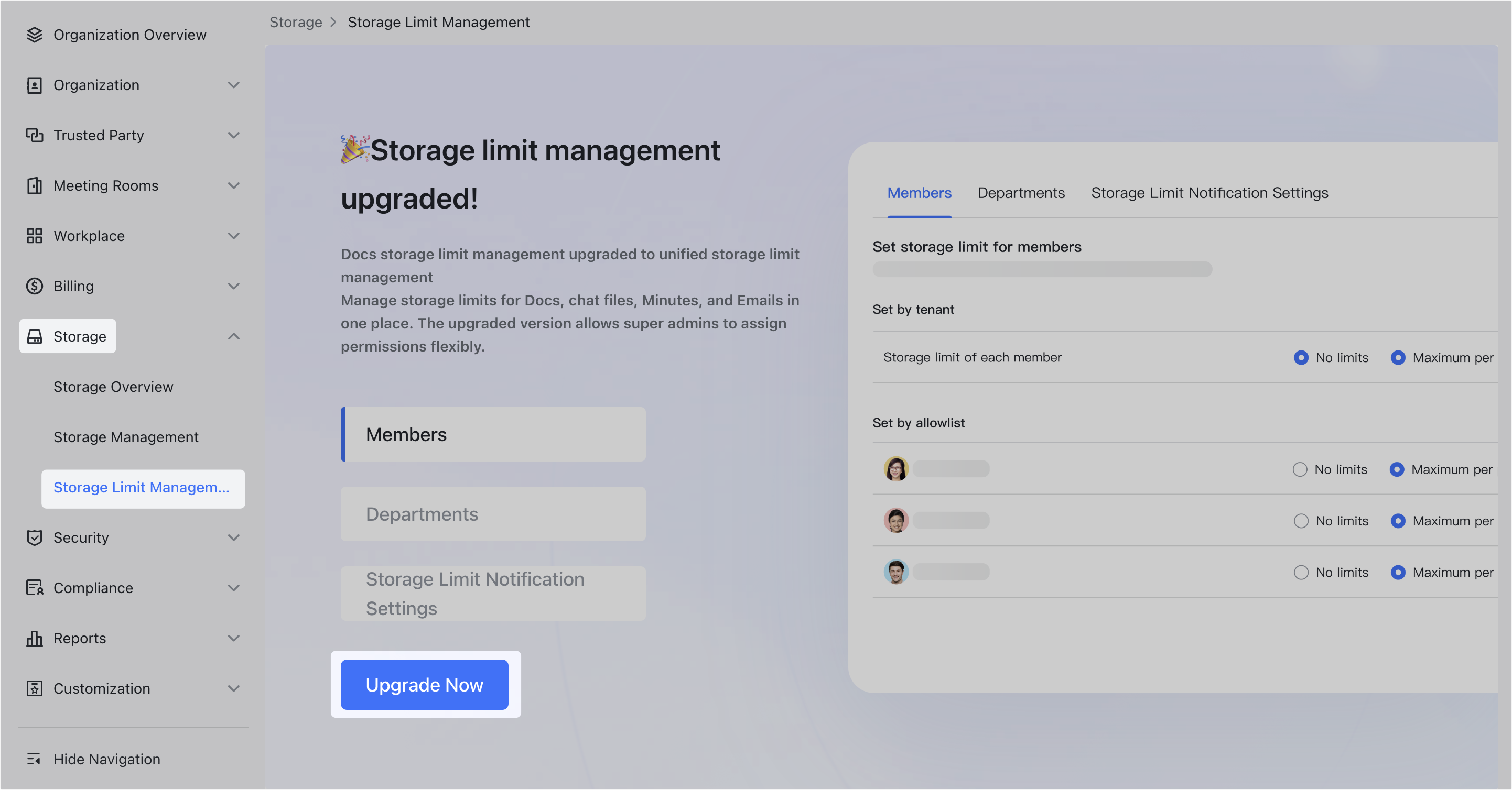Admin | Set storage limit for members