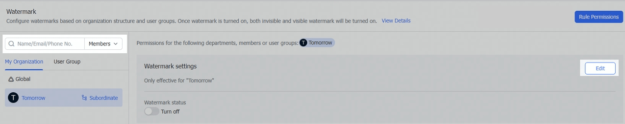 Set watermarks based on the organizational structure