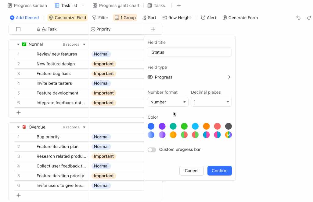 Use progress fields in Base