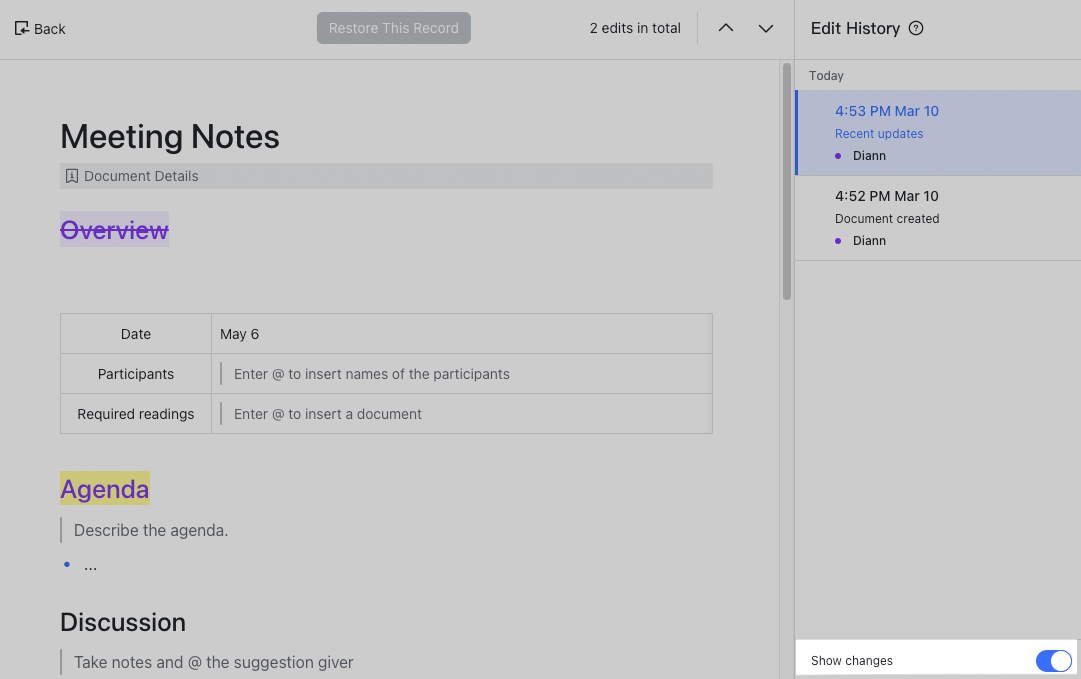 View and restore edit history in Docs