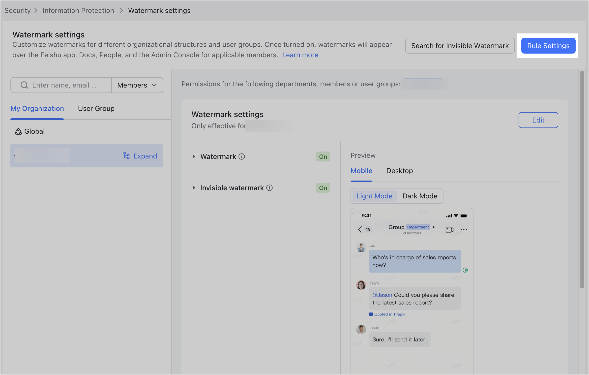 Admin | Set watermarks based on the organizational structure