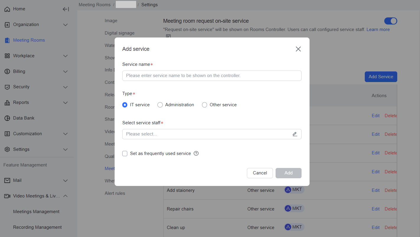 Admin | Set up on-site services for meeting rooms
