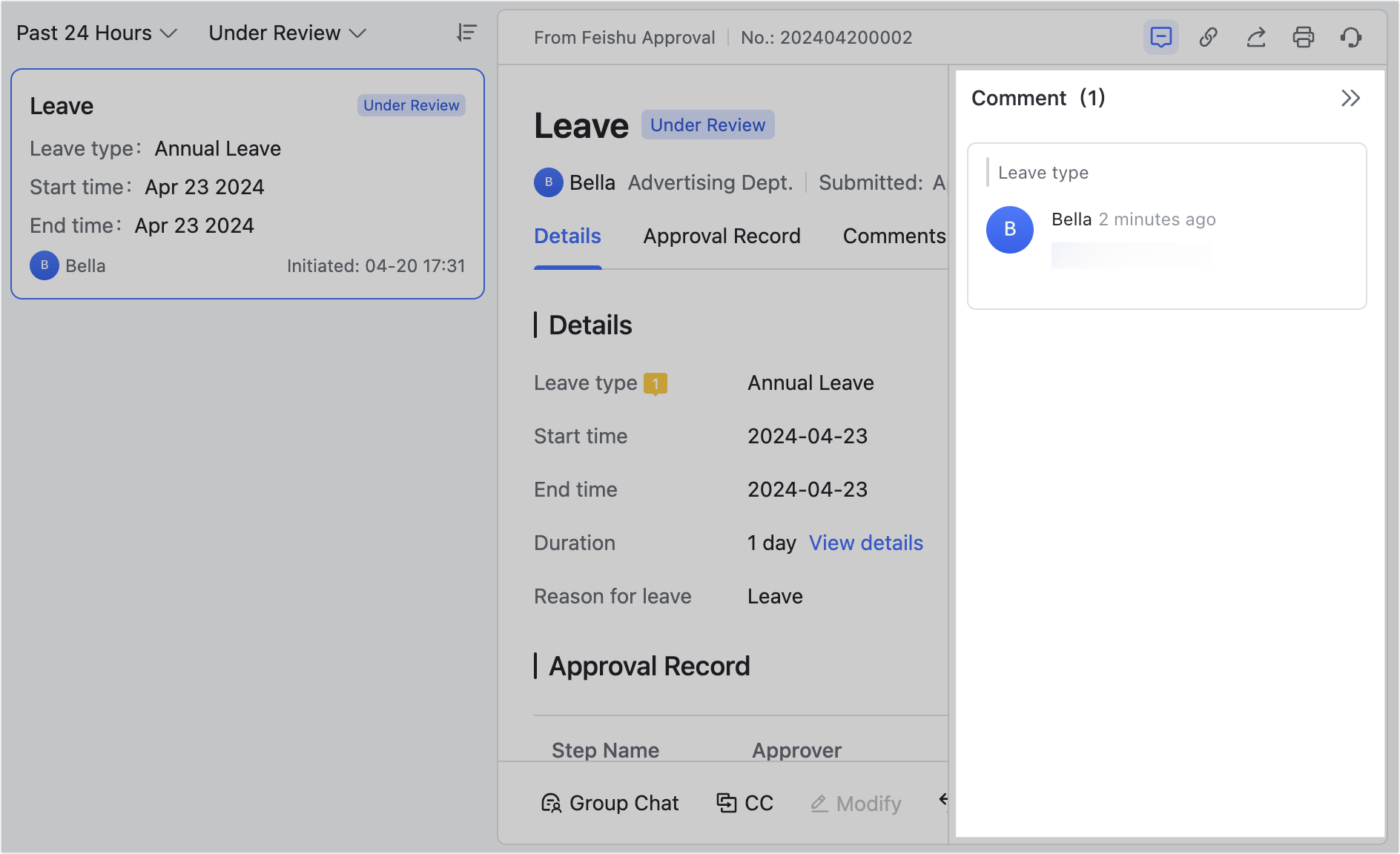 Comment in approvals