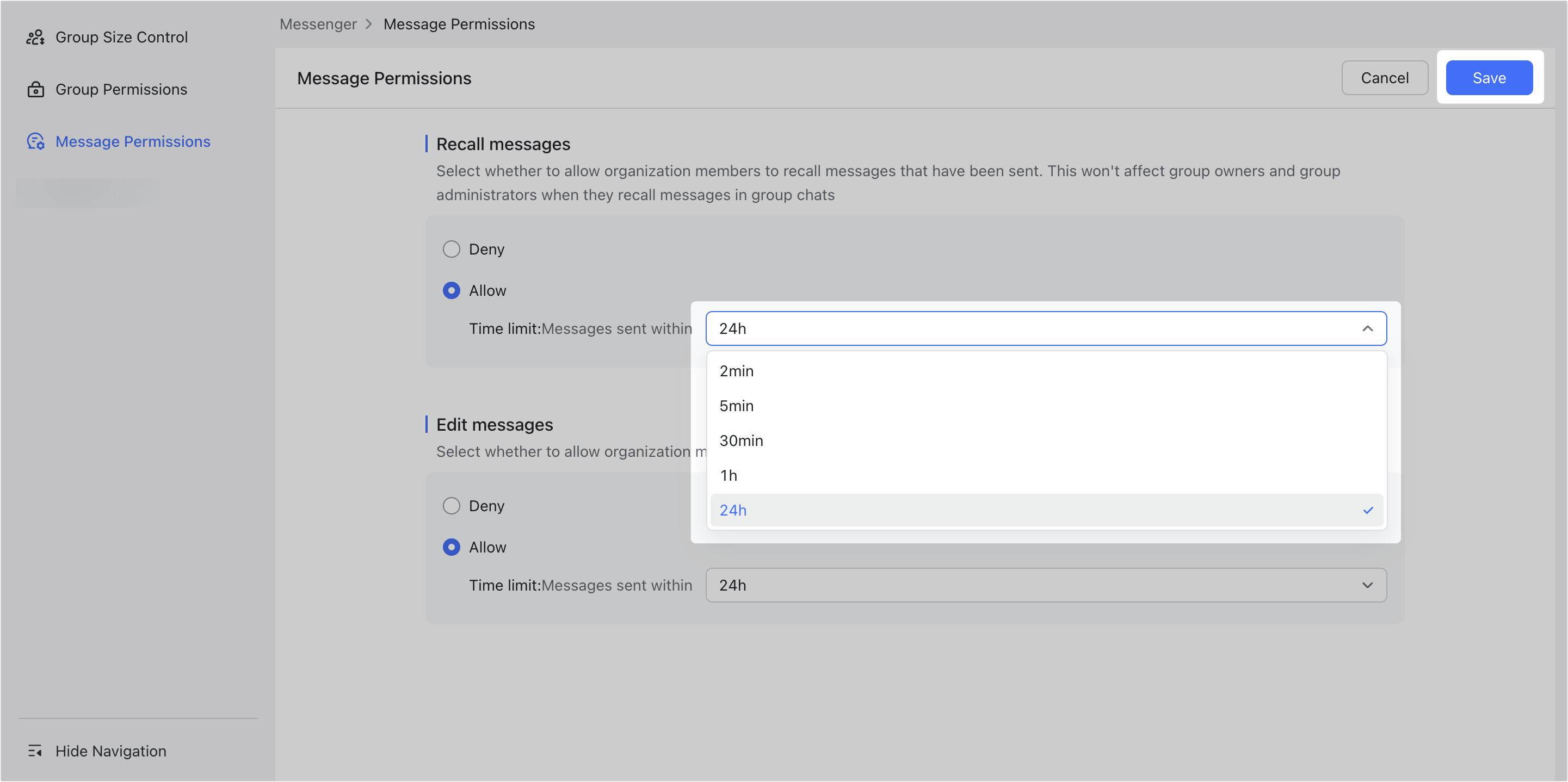 Admin | Set permissions to recall or edit messages