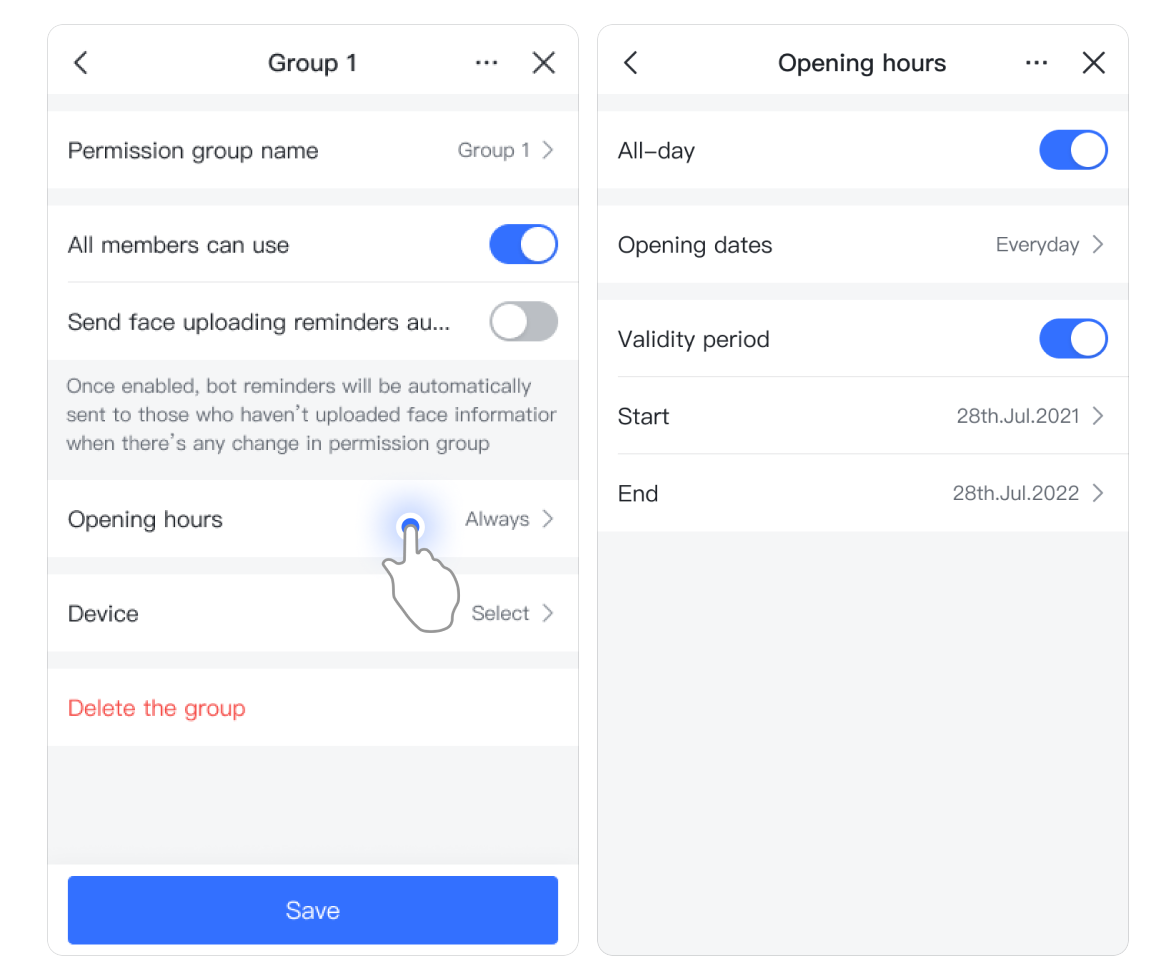 Set opening hours for permission groups