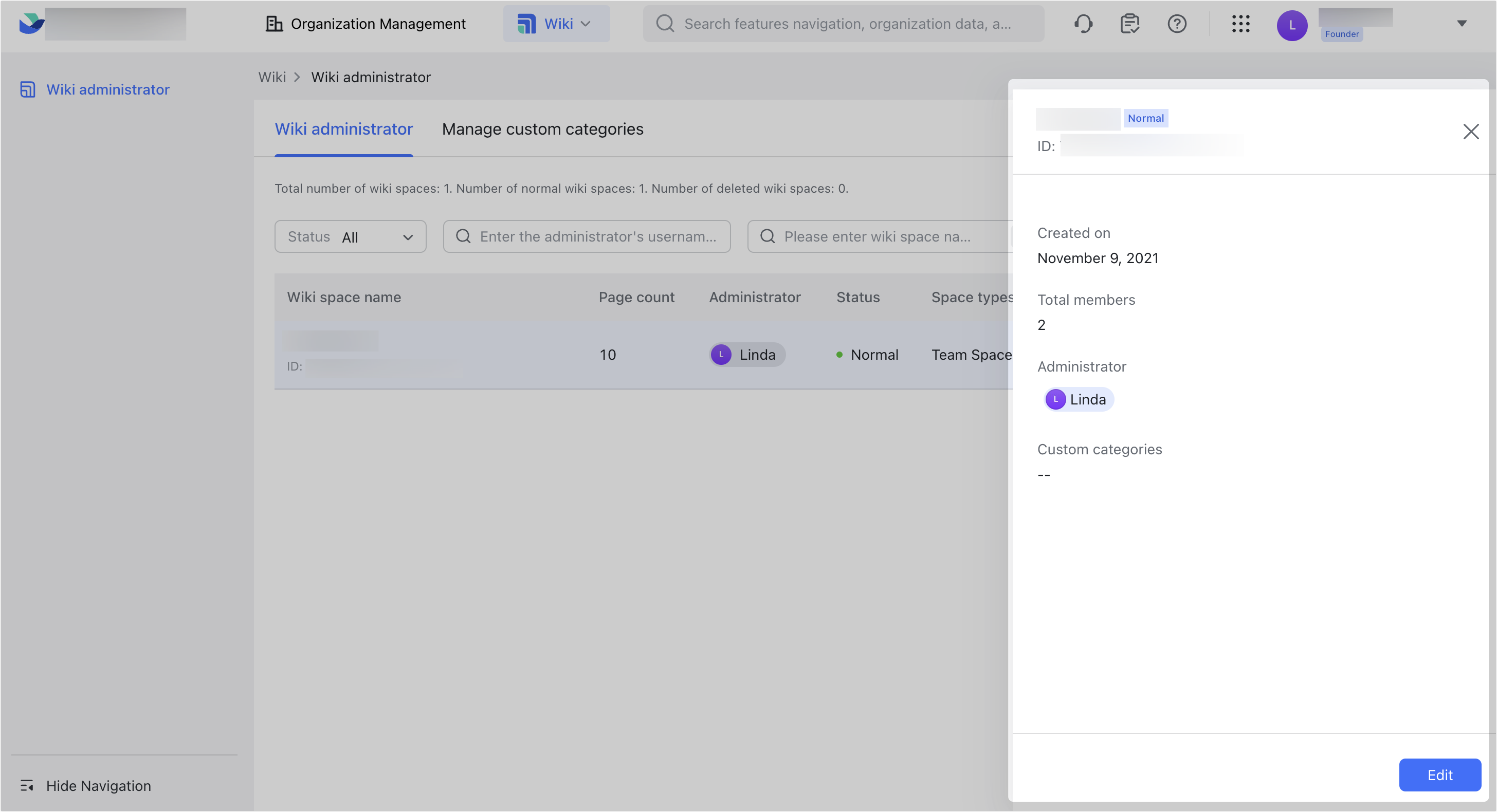 Admin | Manage wiki spaces