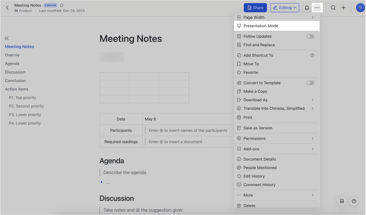 Use Presentation Mode in Docs