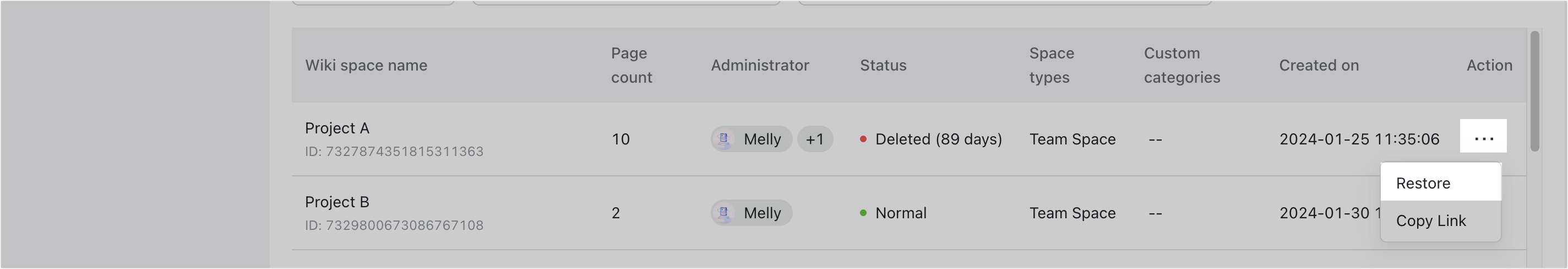 Admin | Manage wiki spaces