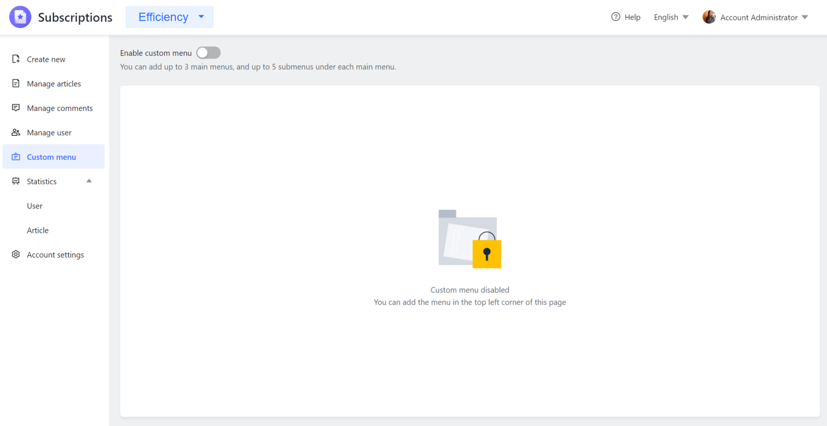Admin | Set up custom menus on the Subscriptions accounts homepage