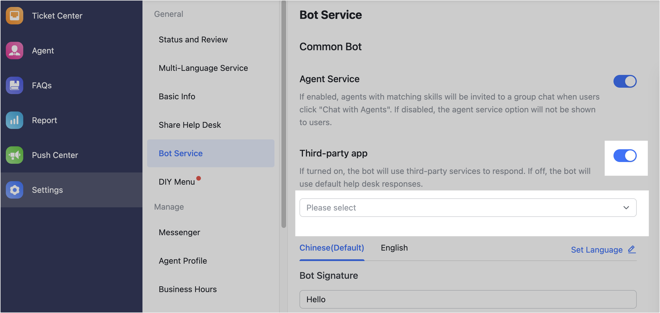 Turn on third-party apps for the Help Desk bot