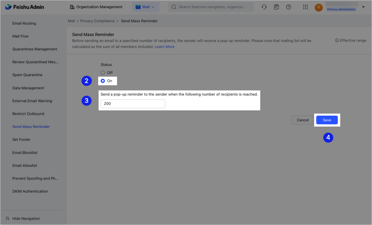 Admin | Set a reminder for large recipient lists