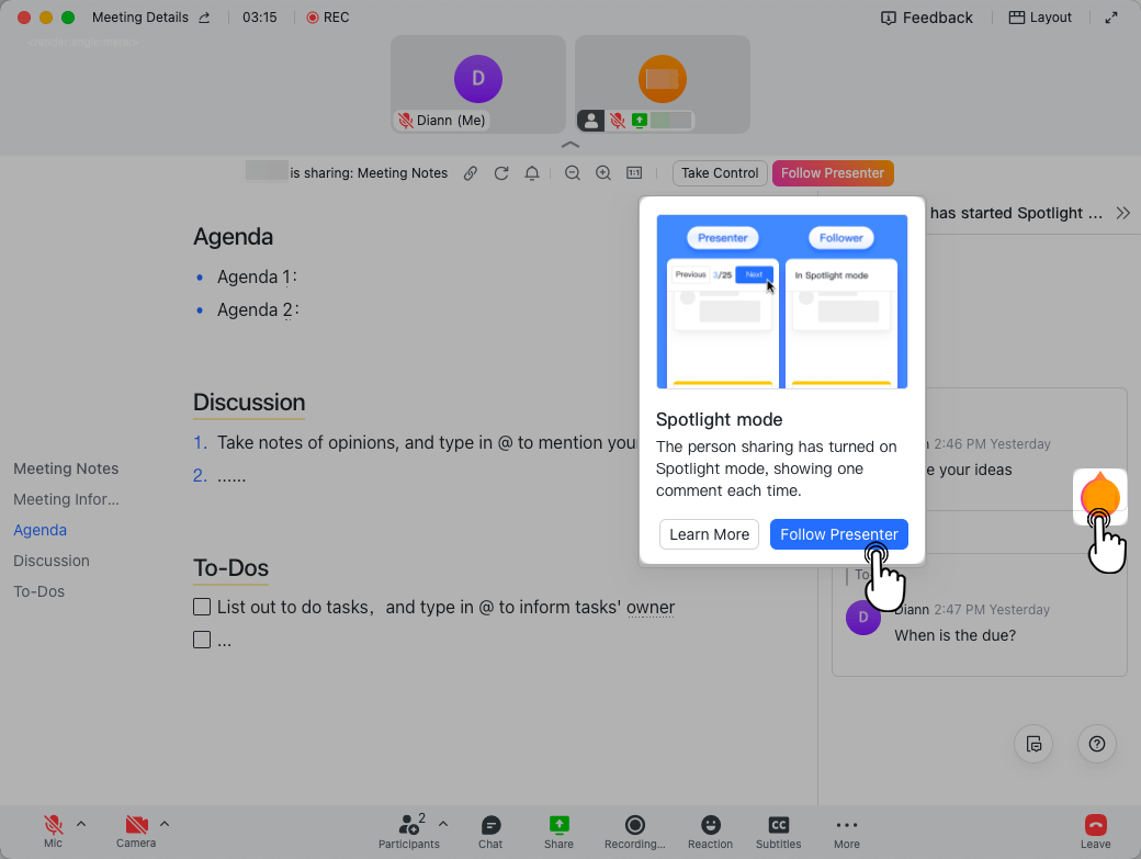 Use Spotlight mode for meeting discussions