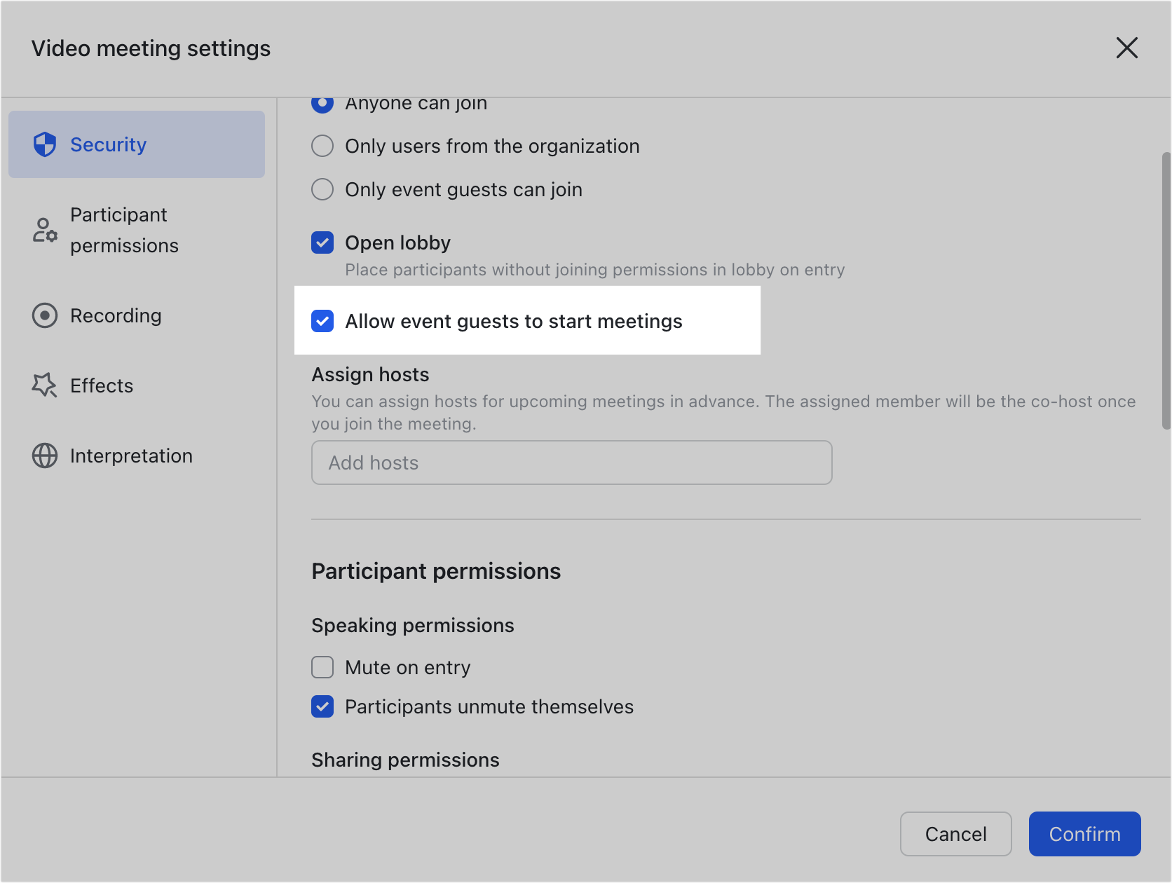 Manage a meeting's settings before it starts