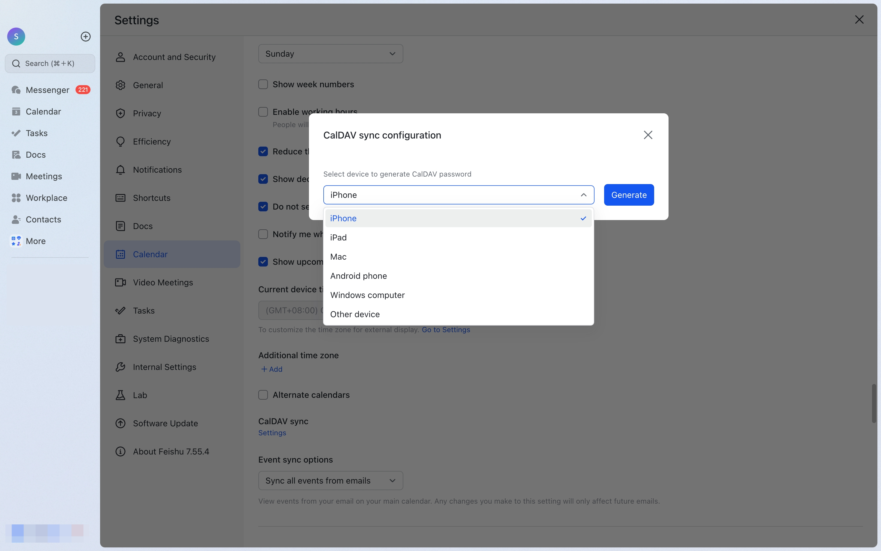 Sync calendars between your device and Feishu