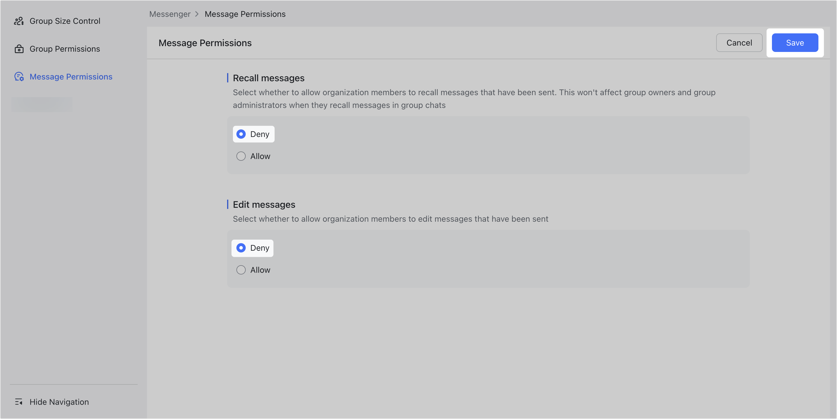 Admin | Set permissions to recall or edit messages