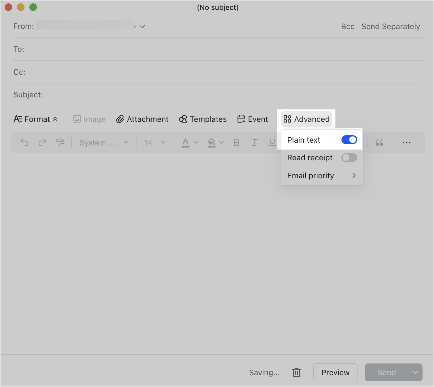 Compose an email in plain text mode
