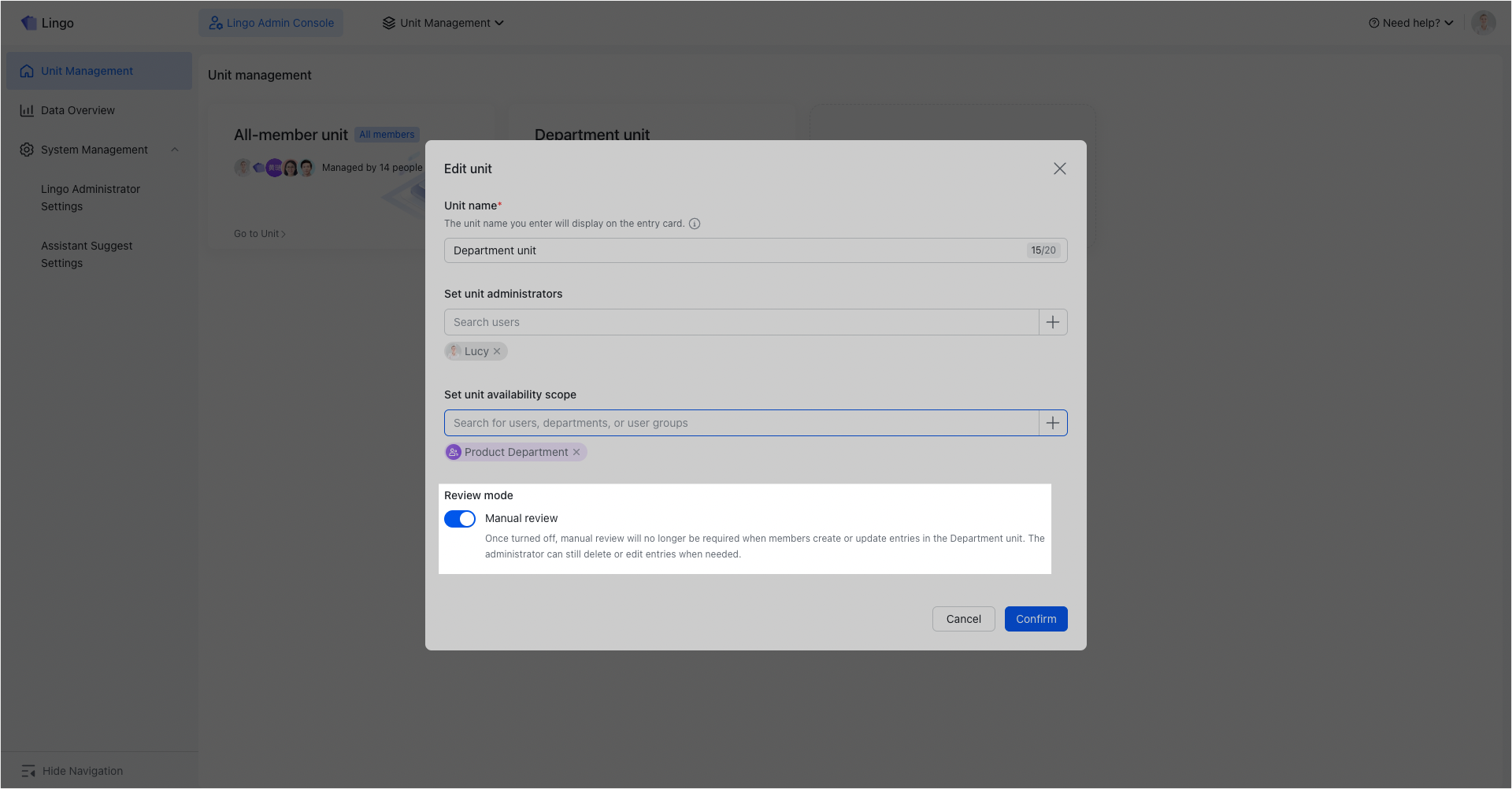 Manage Lingo entries using units
