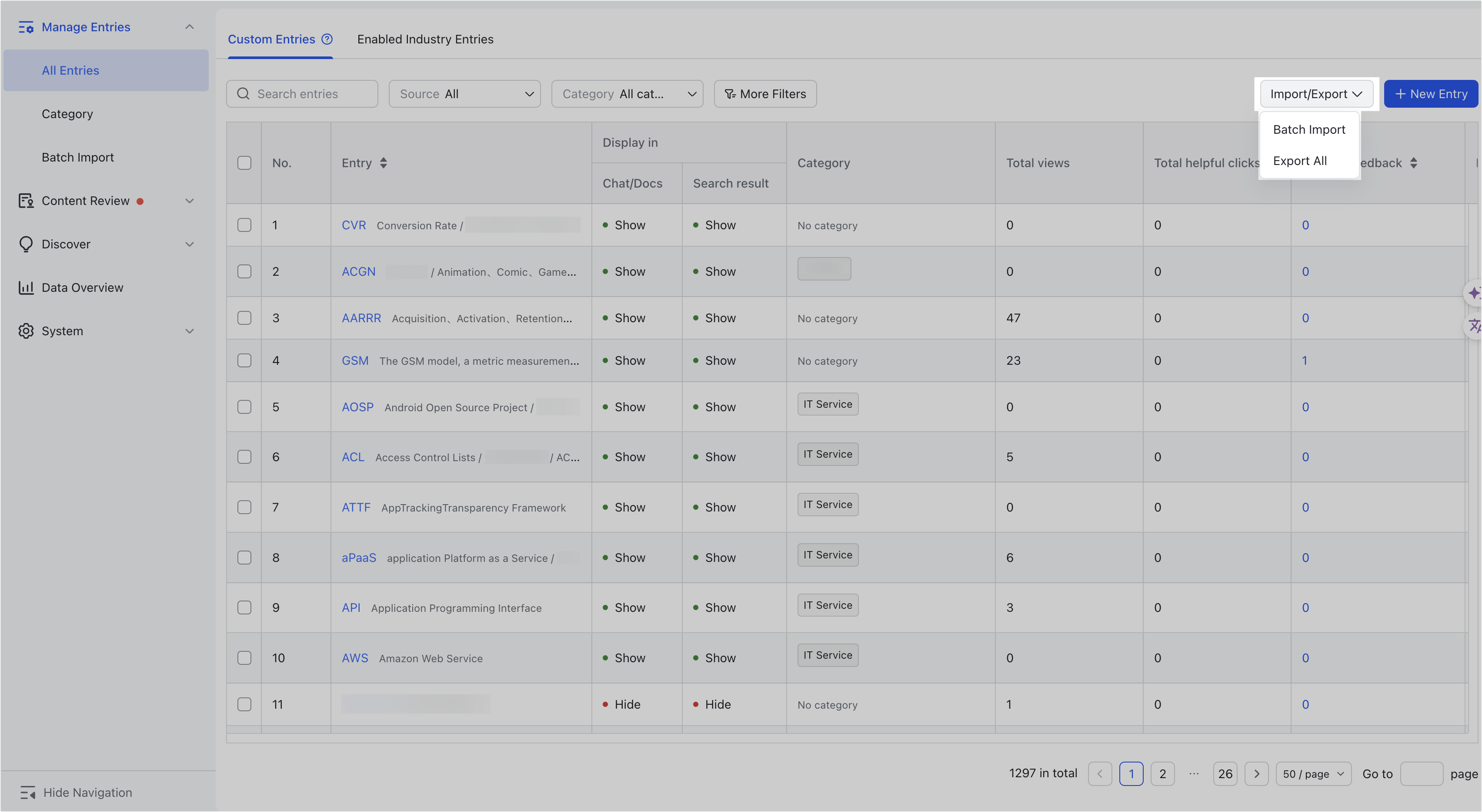 View and manage all Lingo entries