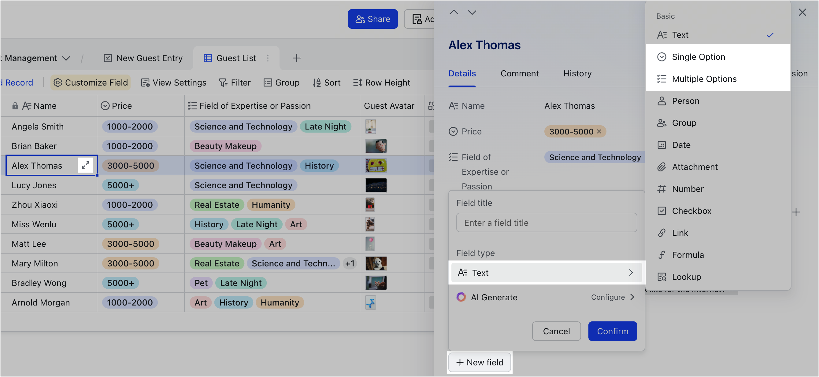 Use single and multiple option fields in Base