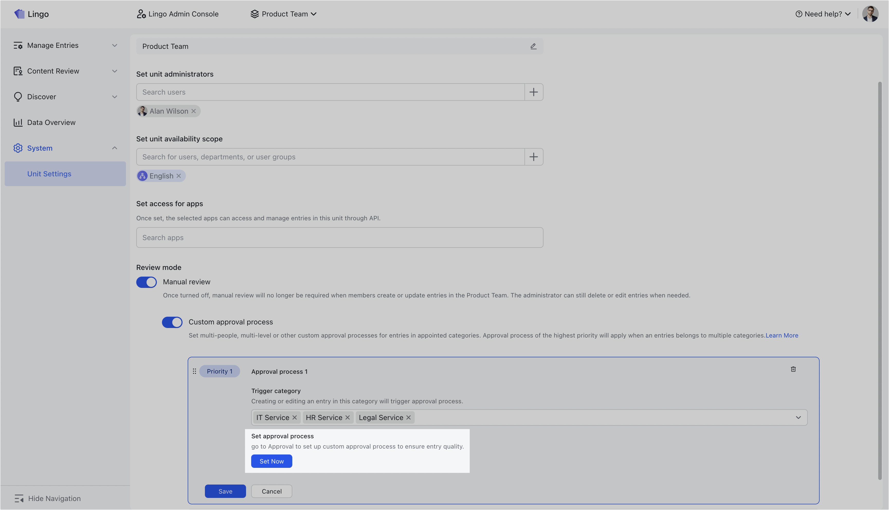 Set the review mode for Lingo entries